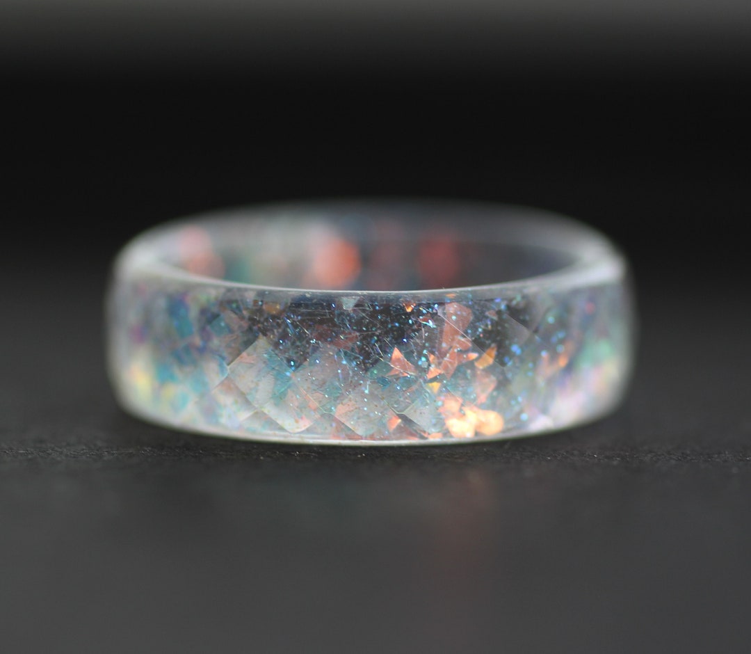 Iridescent Resin Ring, Rainbow Resin Jewelry With Glitter and Stardust ...