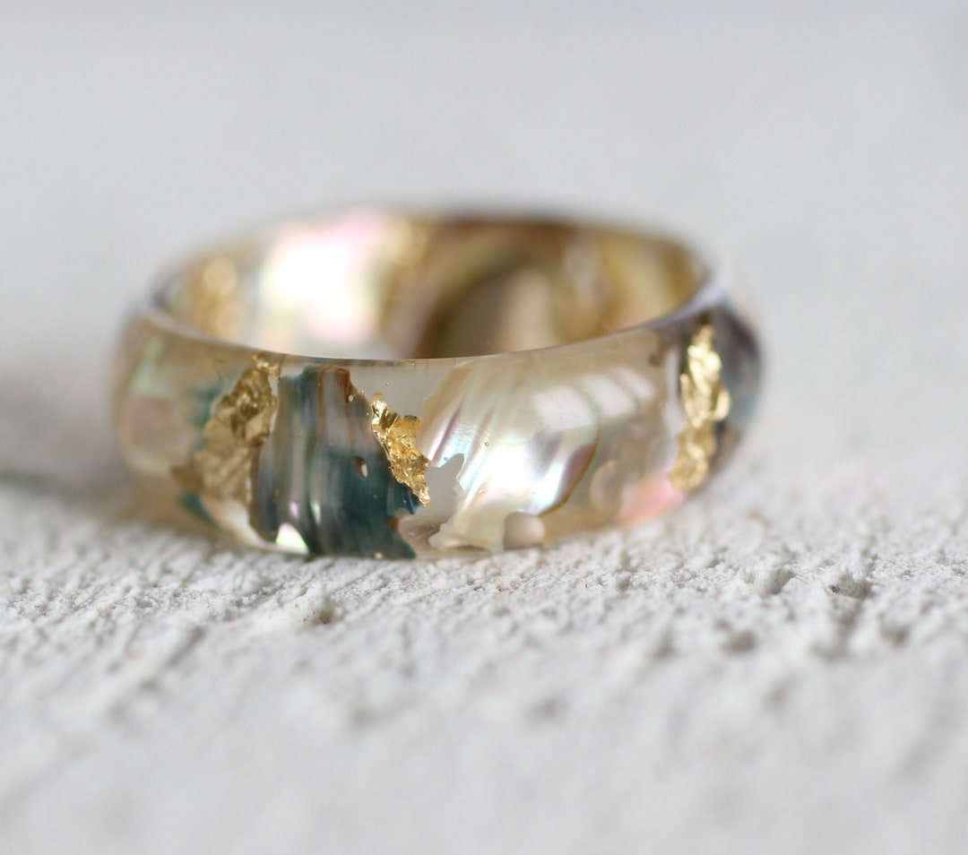 Abalone Shell Ring, Rainbow Resin Ring With Abalone Shell and Gold ...