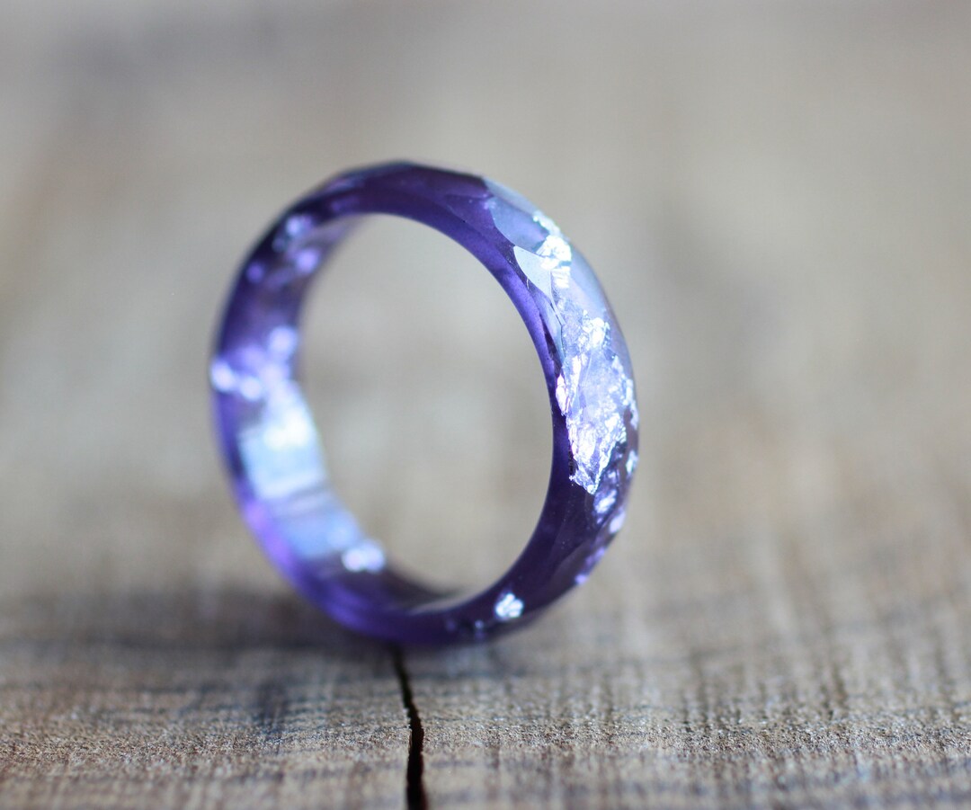 Resin Ring in Amethyst Color With Silver Flakes, Geometric Stacking ...