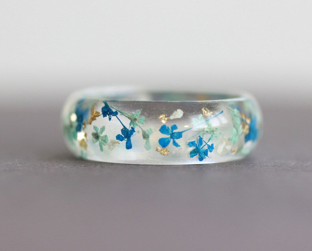 Flower Resin Ring, Blue Flower Ring, Smooth Ring With Real Dried ...