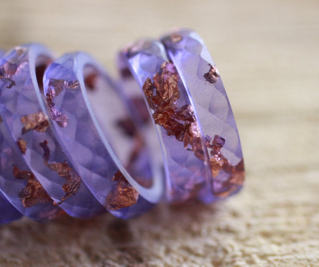 Resin Band Ring Purple With Rose Gold Leaf, Hypoallergenic Epoxy Ring ...