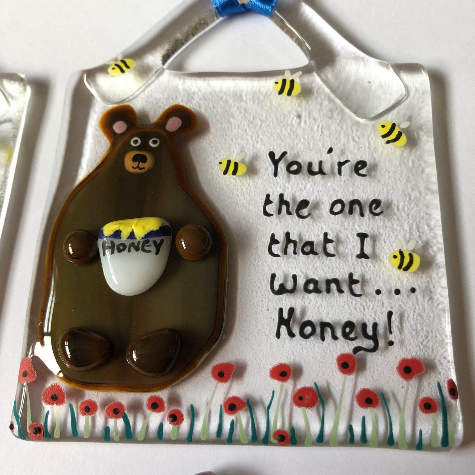 Fused Glass Art - Fused Glass Bear and Bees Hanger - Fused Glass ...