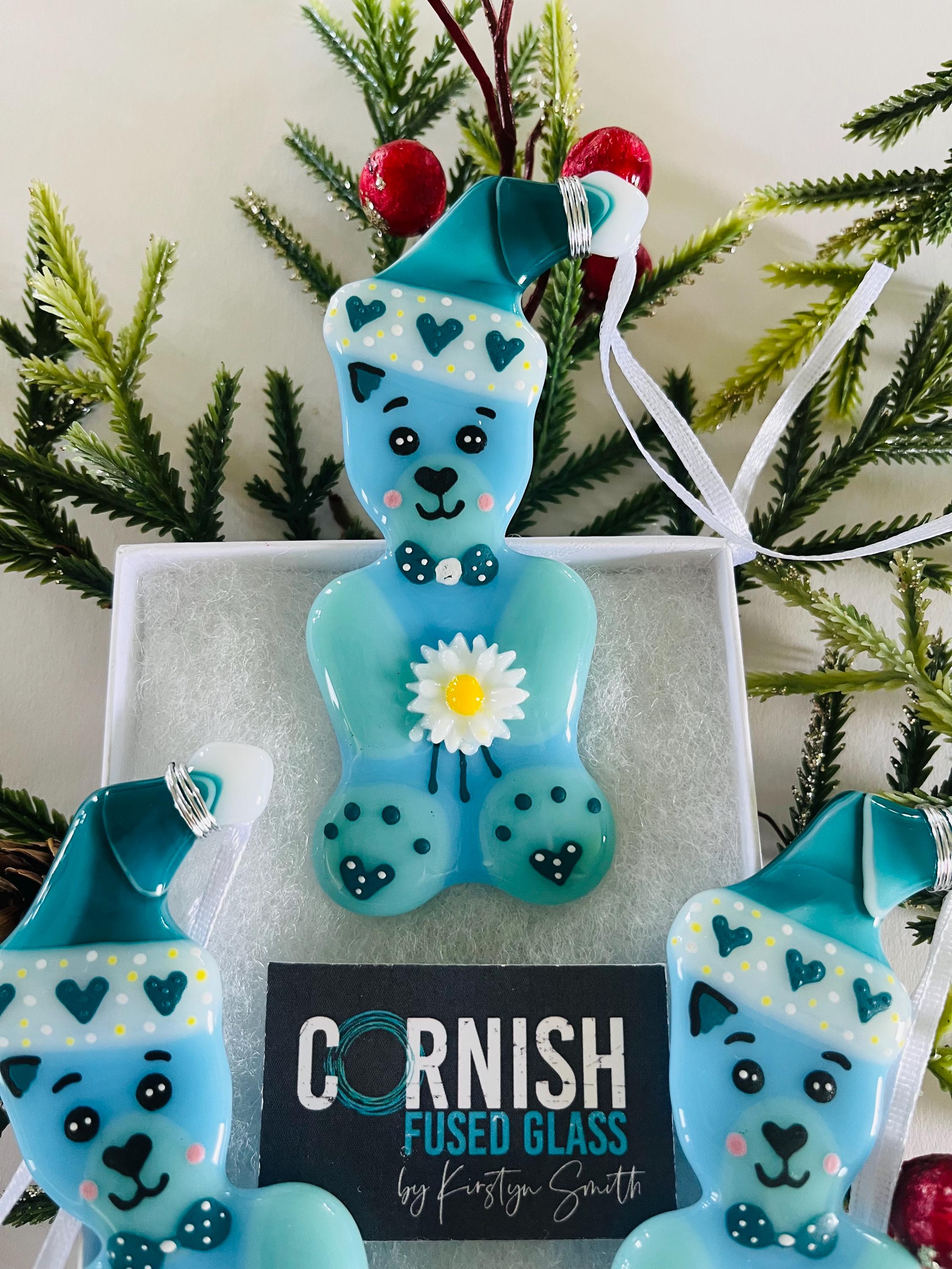 Cute Blue Teddy Bear Fused Glass Decoration, Christmas Decoration ...