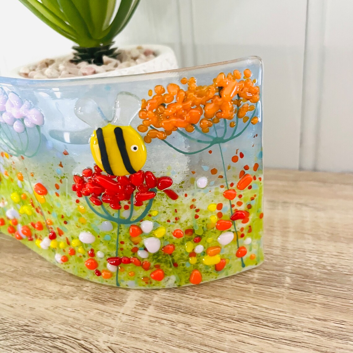 Fused Glass Flowers and Bees Art Freestanding Wave - Fused Glass ...