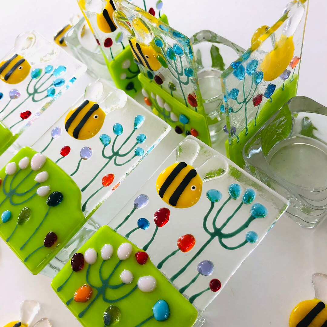 Fused Glass Bee & Flowers Candle Holder, Fused Glass Cornwall, Cornish ...