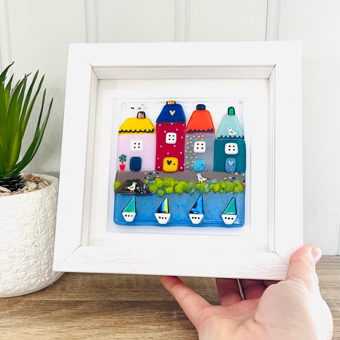 Fused Glass Cornish Seaside Harbour and Houses Art, Poldark, Coastal ...
