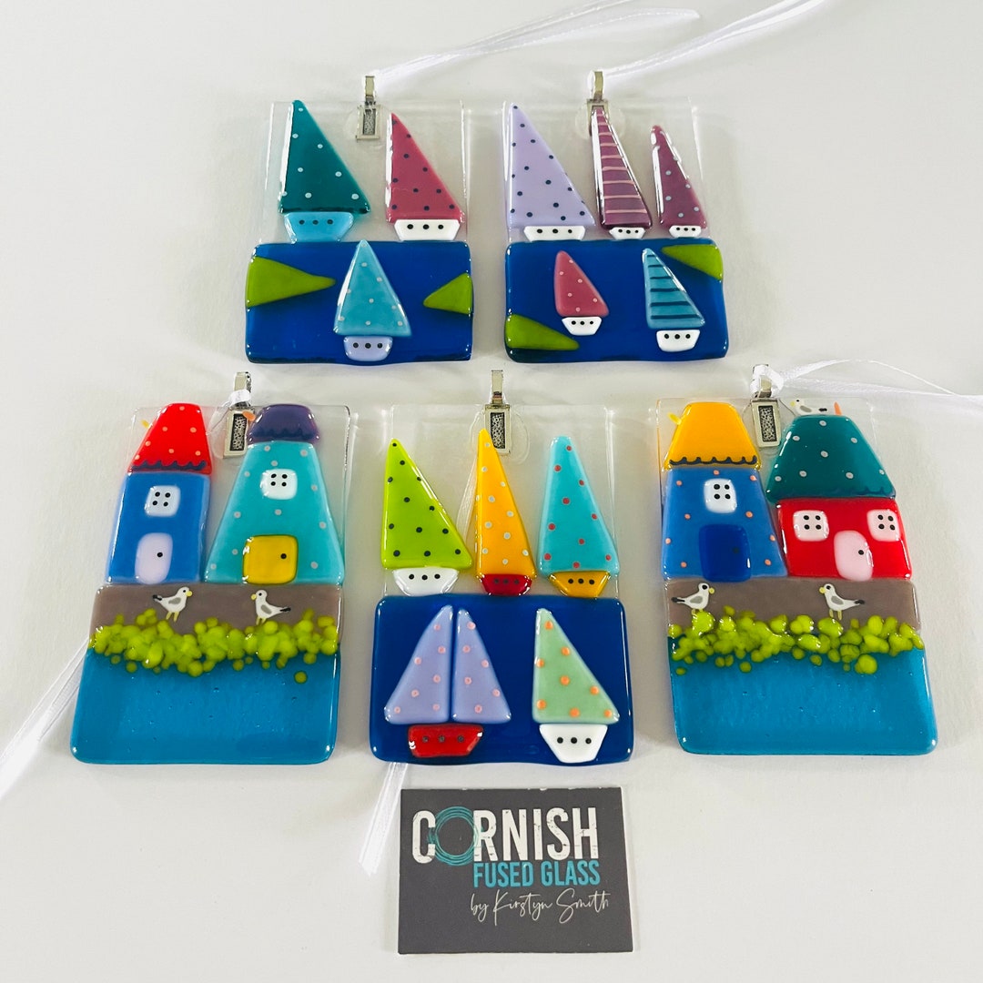 Fused Glass Little Coastal Houses Hanging Decoration - Cornish Fused ...