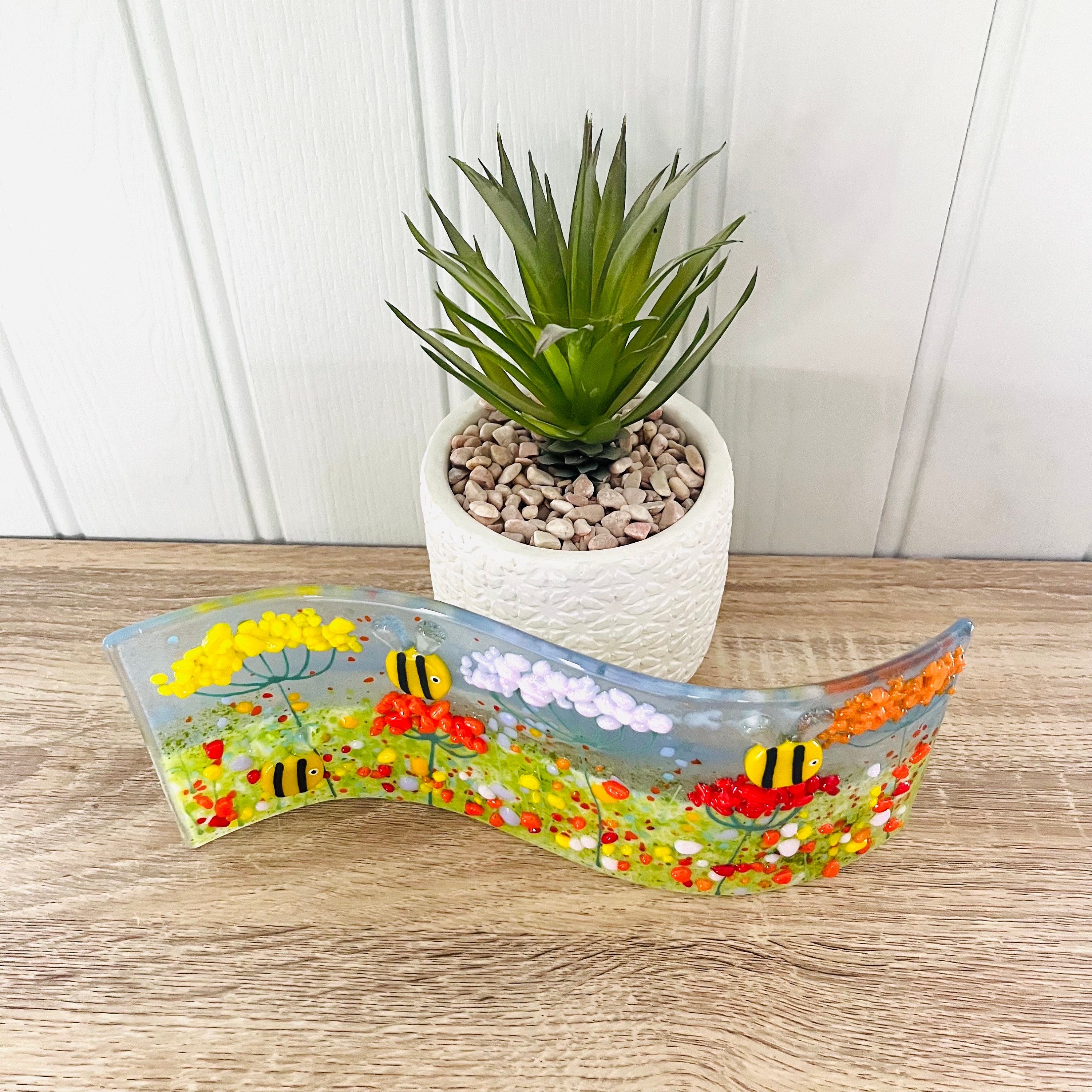 Fused Glass Flowers and Bees Art Freestanding Wave - Fused Glass ...