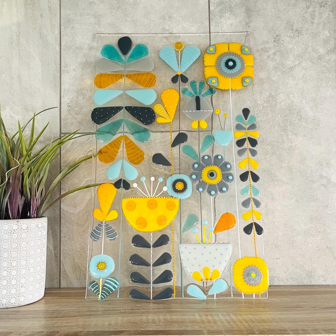 Retro Inspired Fused Glass Floral Art Panel - Fused Glass, Cornish ...
