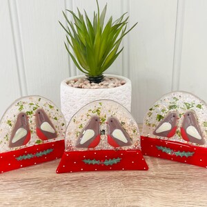 Fused Glass Cute Robin Snowglobe Christmas T-light Holder, Fused Glass ...