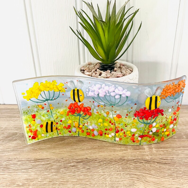 Fused Glass Flowers and Bees Art Freestanding Wave - Fused Glass ...