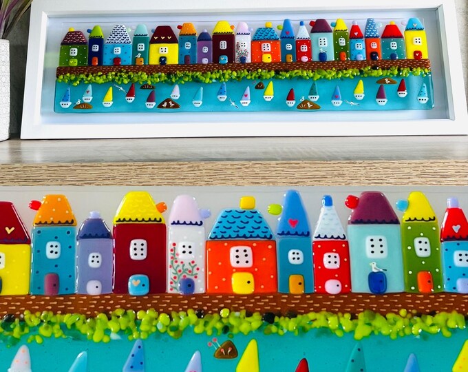 Fused Glass Cornish Coastal Town Framed Wall Art, Cornish Fused Glass ...