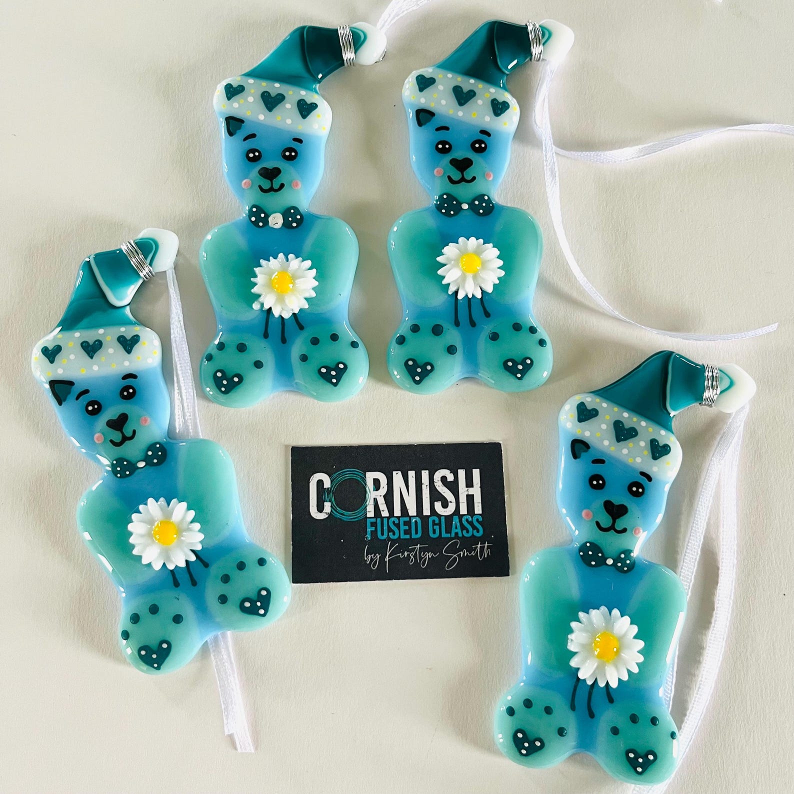 Cute Blue Teddy Bear Fused Glass Decoration, Christmas Decoration ...