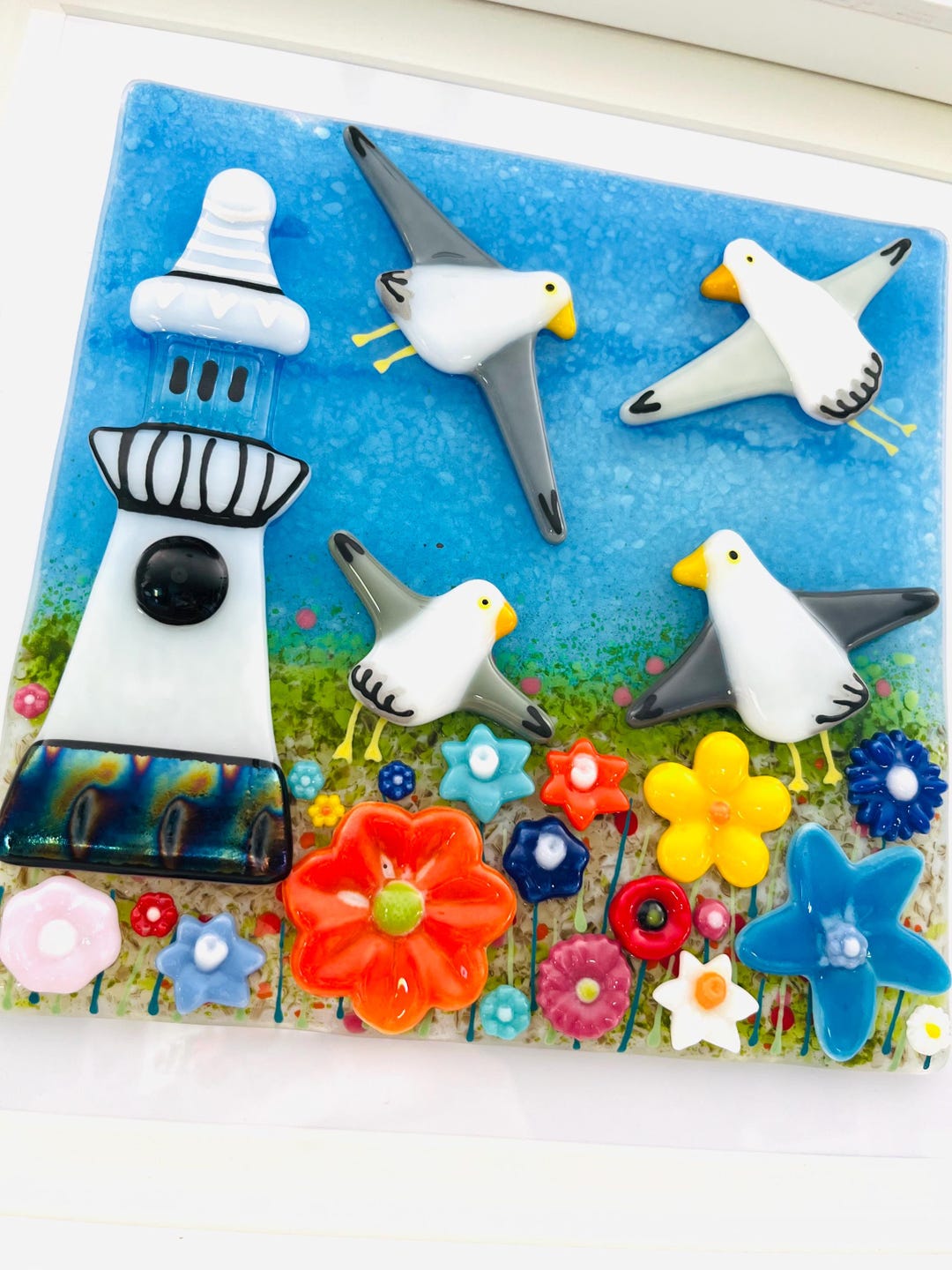 Fun and Colourful Fused Glass Lighthouse and Seagull Art - Cornish ...