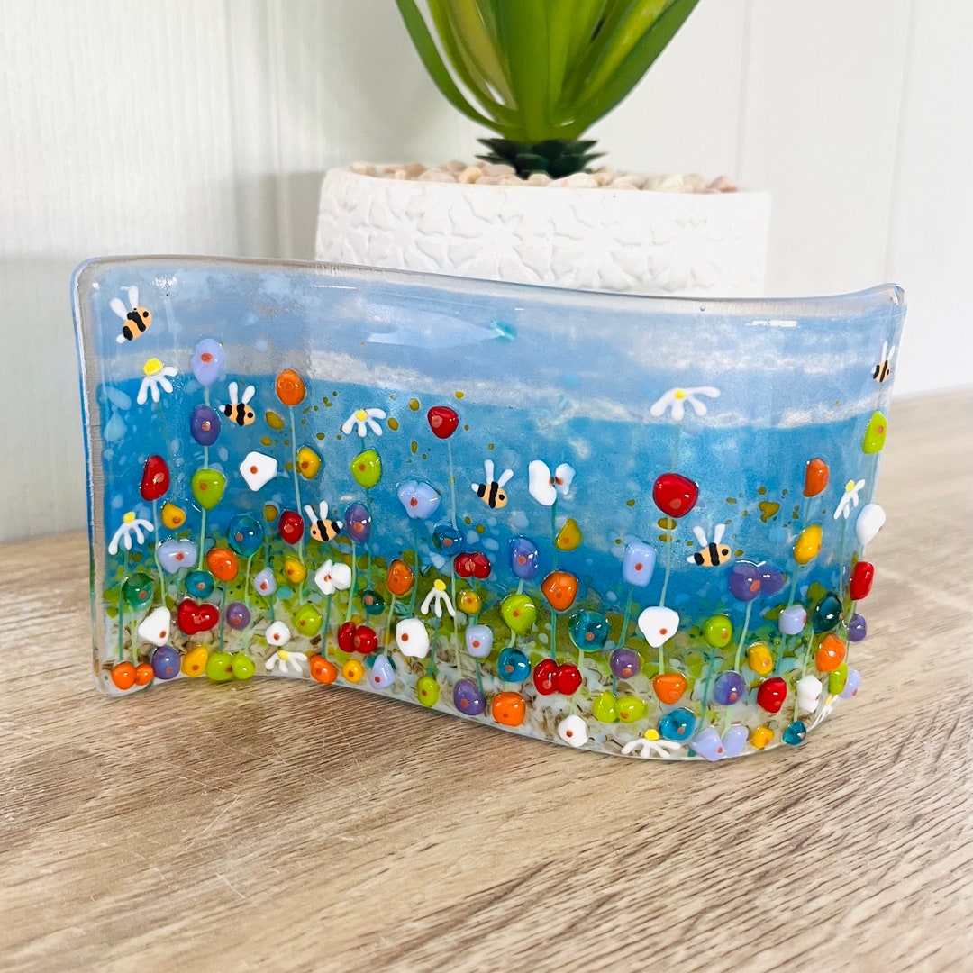 Fused Glass Cute Bees With Rainbow Flowers Art, Freestanding Wave ...