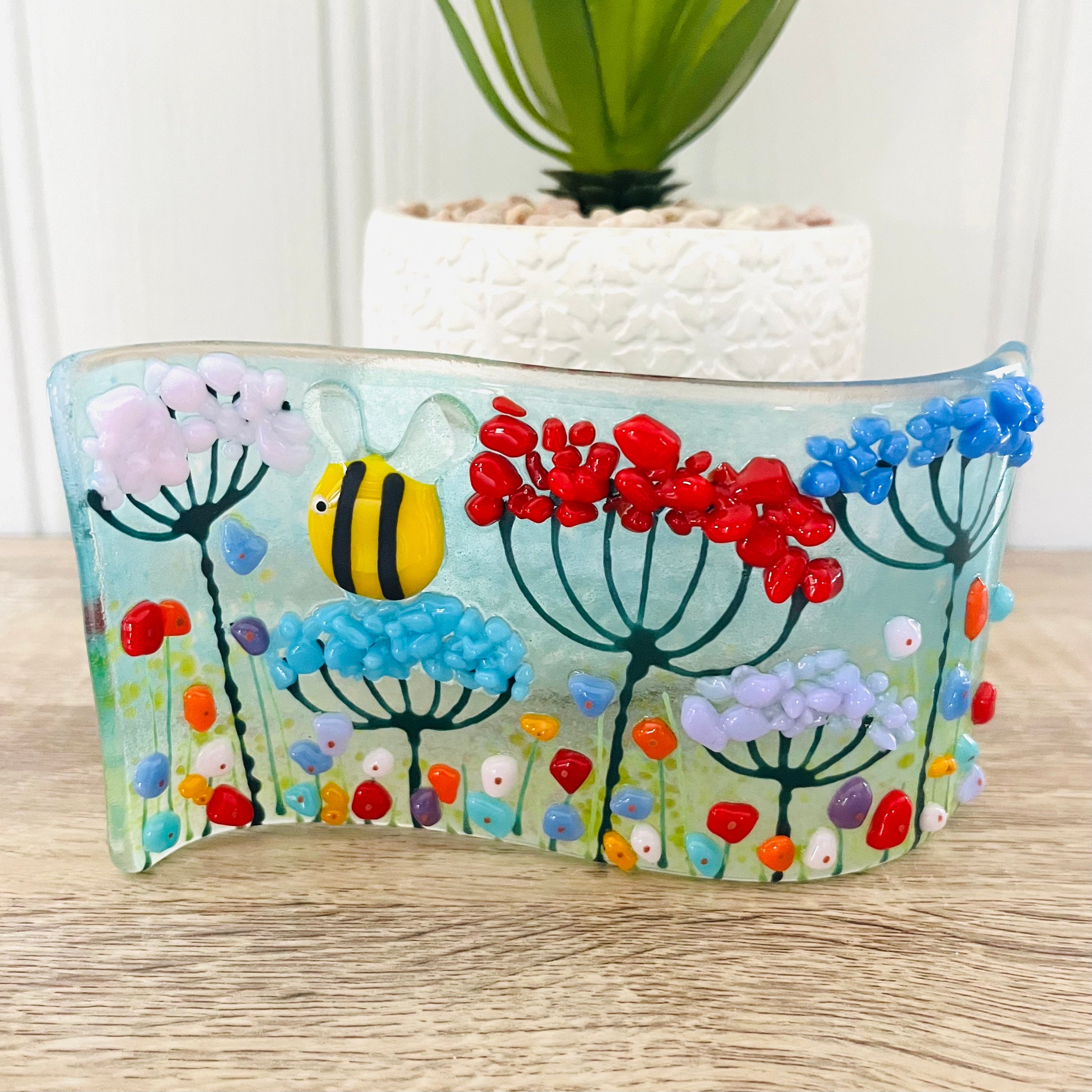 Fused Glass Flowers and Bees Art Freestanding Wave - Fused Glass ...