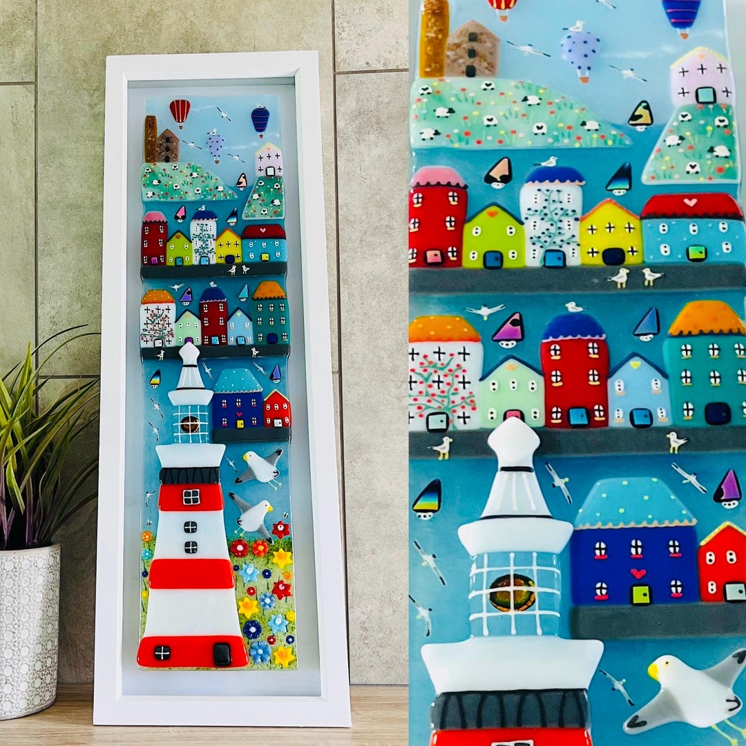 Fused Glass Cornish Coastal Town Framed Wall Art, Cornish Fused Glass ...