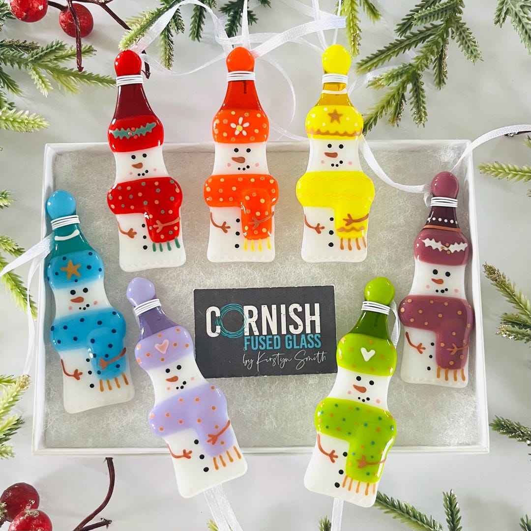 Fused Glass Snowman Christmas Tree Box Set Decorations, Snowman ...