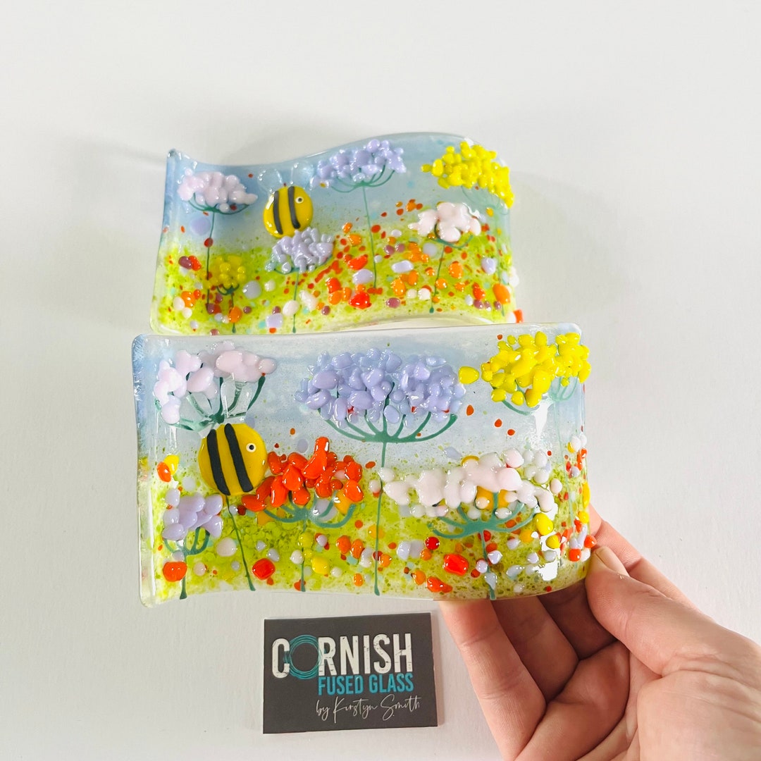 Fused Glass Flowers and Bees Art Freestanding Wave Fused Glass, Cornish ...