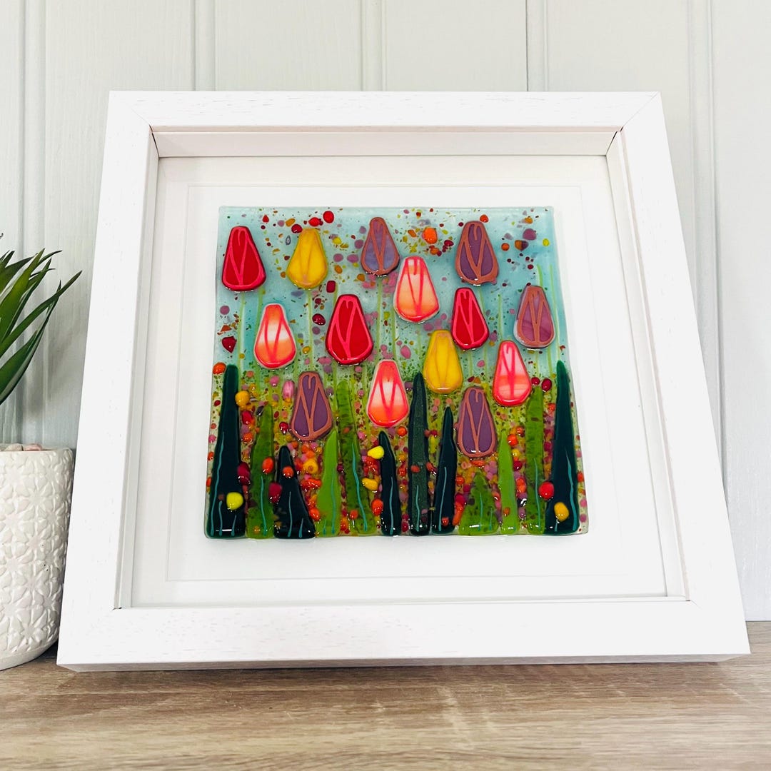 Fused Glass Spring Tulip Flowers Framed Art, Spring Tulips Art, Cornish ...