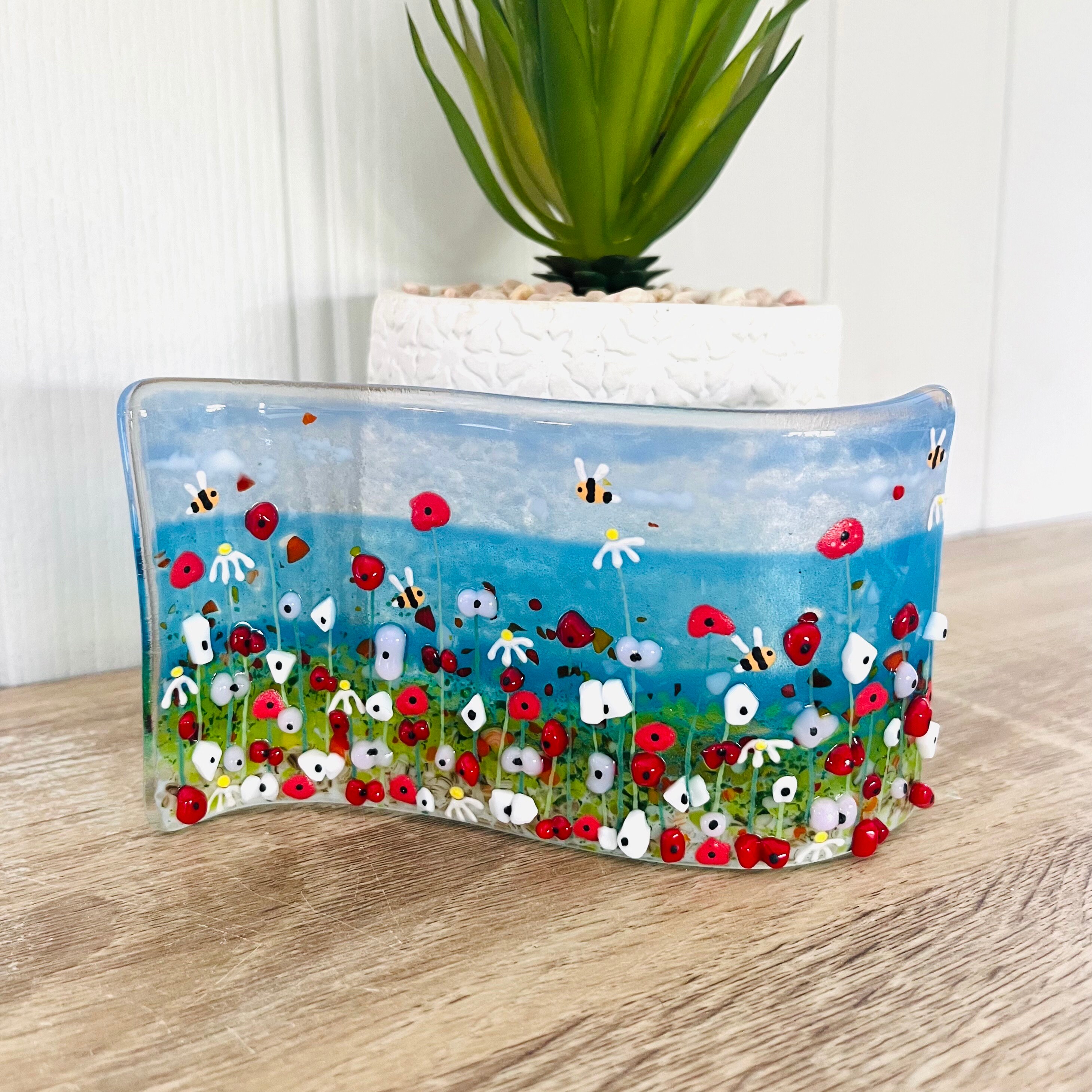 Fused Glass Beautiful Poppy Flowers With Bees Art Freestanding Wave ...