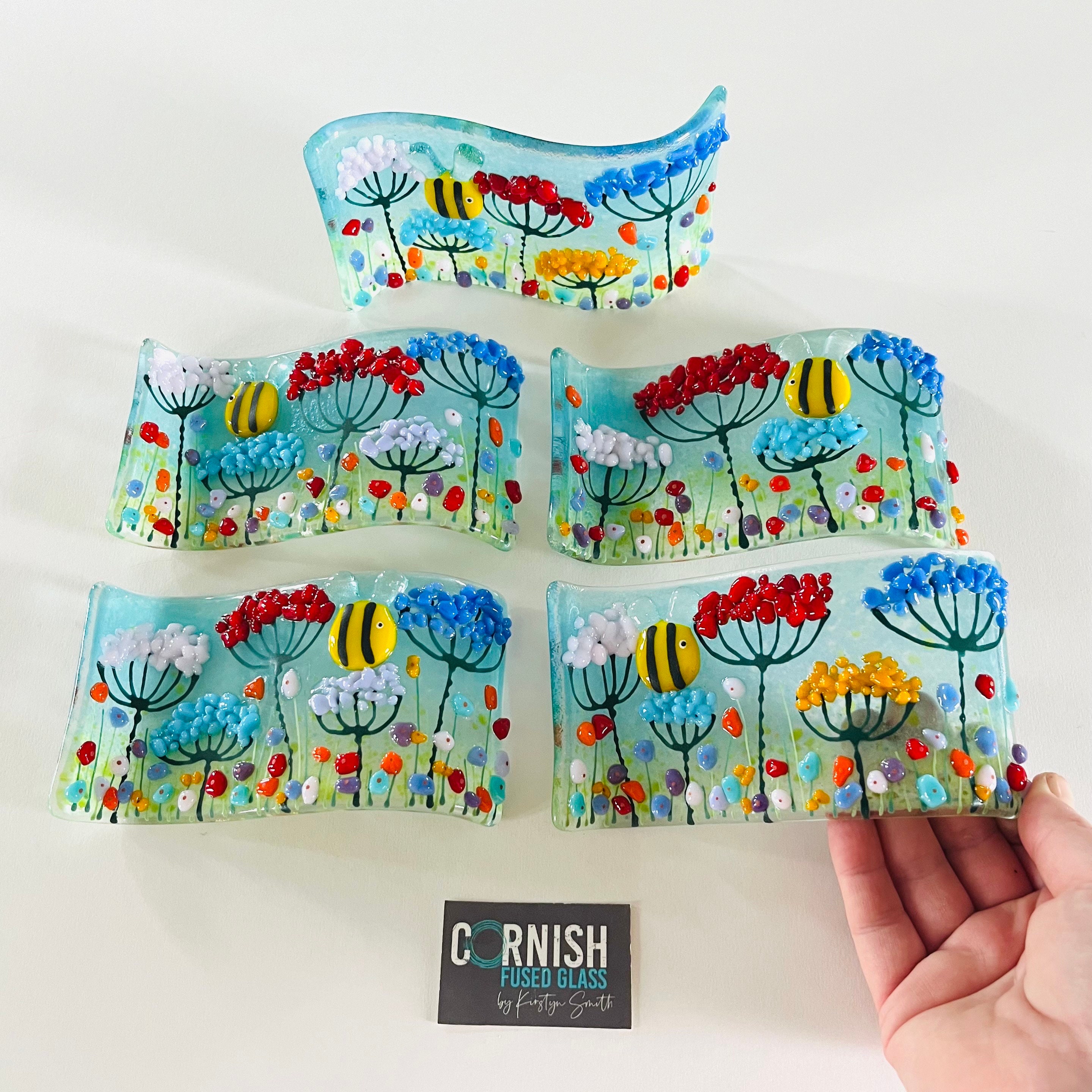Fused Glass Flowers and Bees Art Freestanding Wave - Fused Glass ...