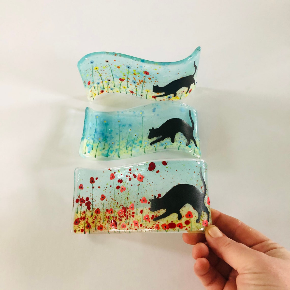 Fused glass art cat memorial gift fused glass wave floral | Etsy