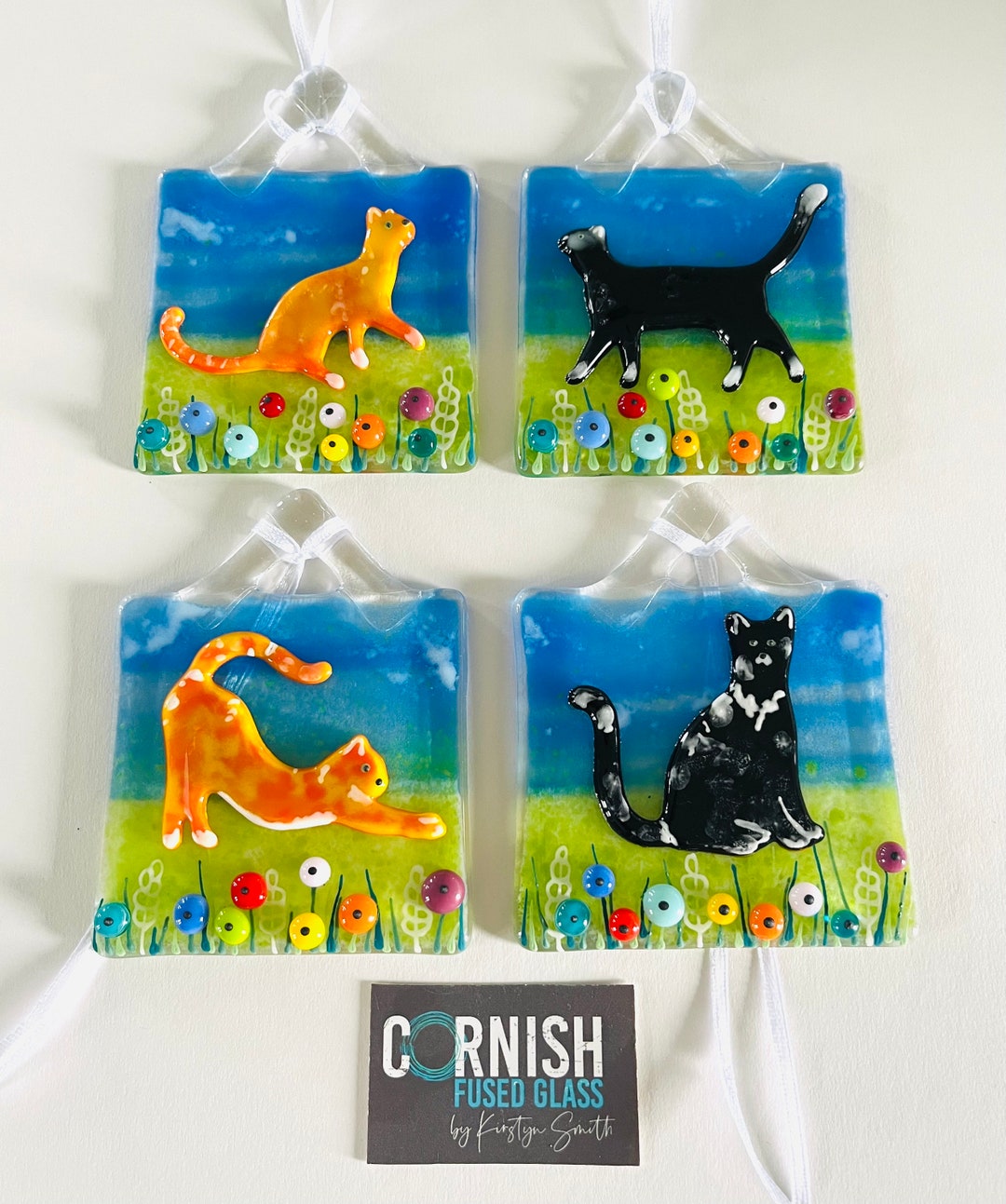 Fused Glass Cute Cat Hanging Decoration, Cat Lovers Gift, Cornish Fused ...