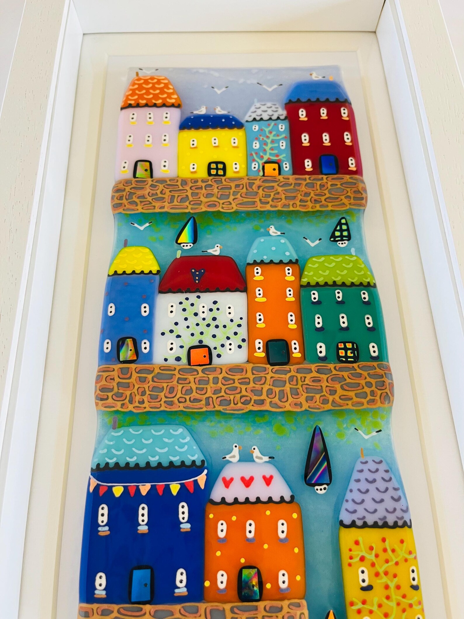 Fused Glass Devon Inspired Coastal Town With Lighthouse Framed Wall Art ...