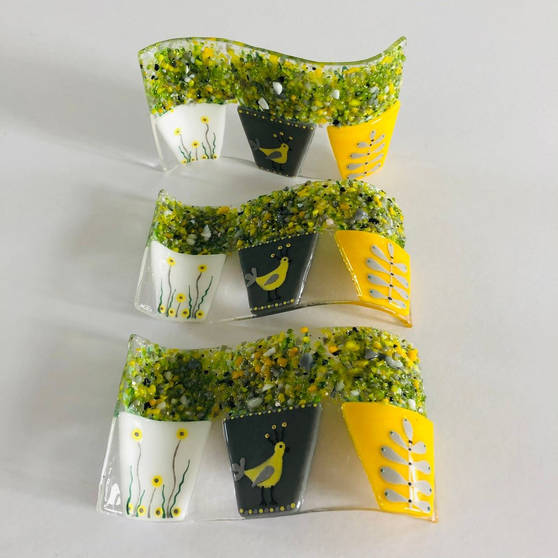 Fused Glass Yellow and Grey Retro Art Wave, Cornish Fused Glass, Fused ...