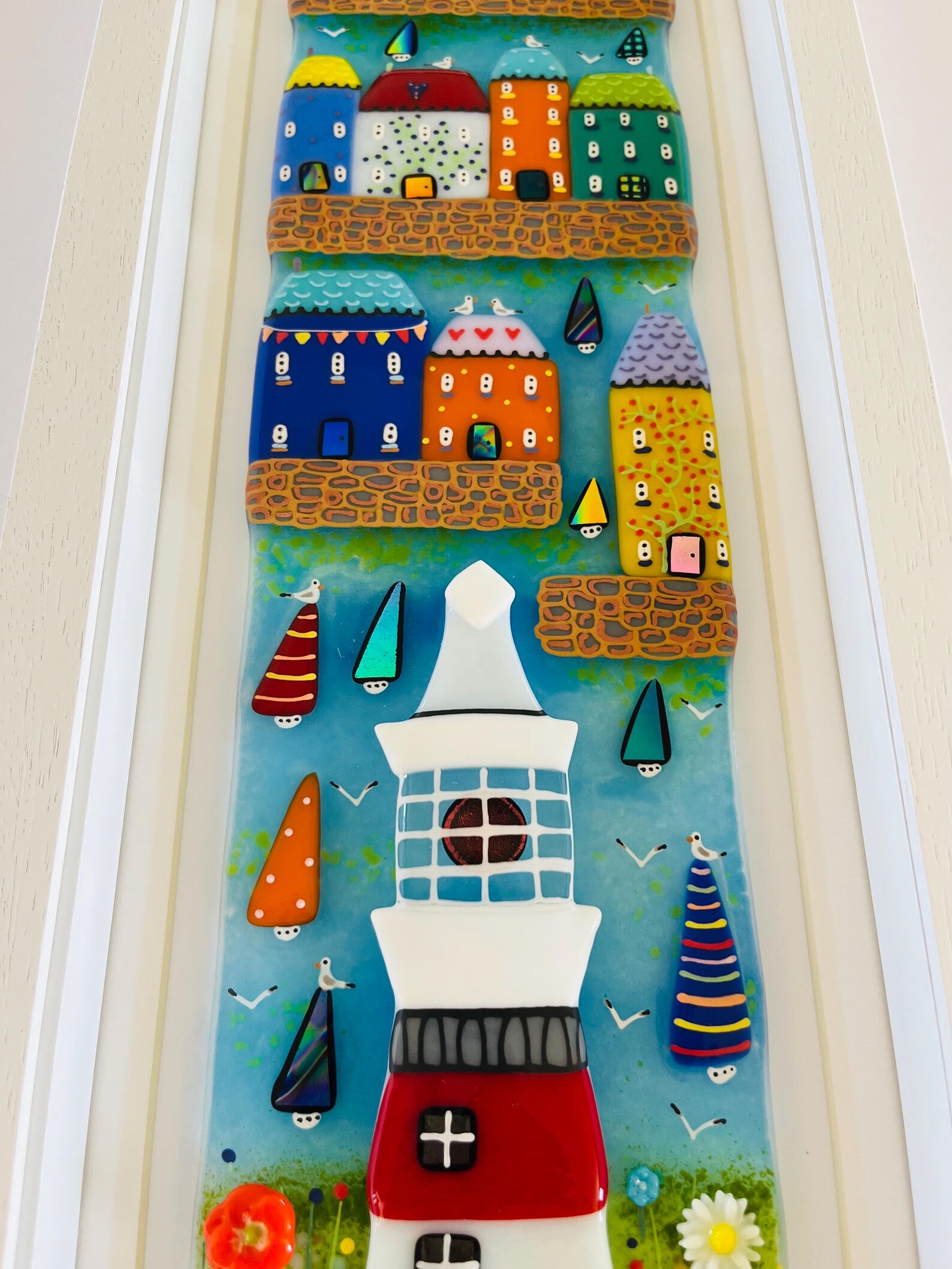 Fused Glass Devon Inspired Coastal Town With Lighthouse Framed Wall Art ...