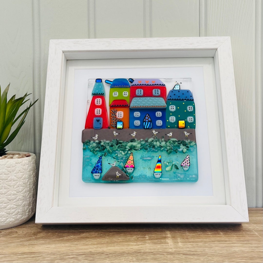 Fused Glass Cornish Seaside Harbour and Houses Art, Poldark, Coastal ...