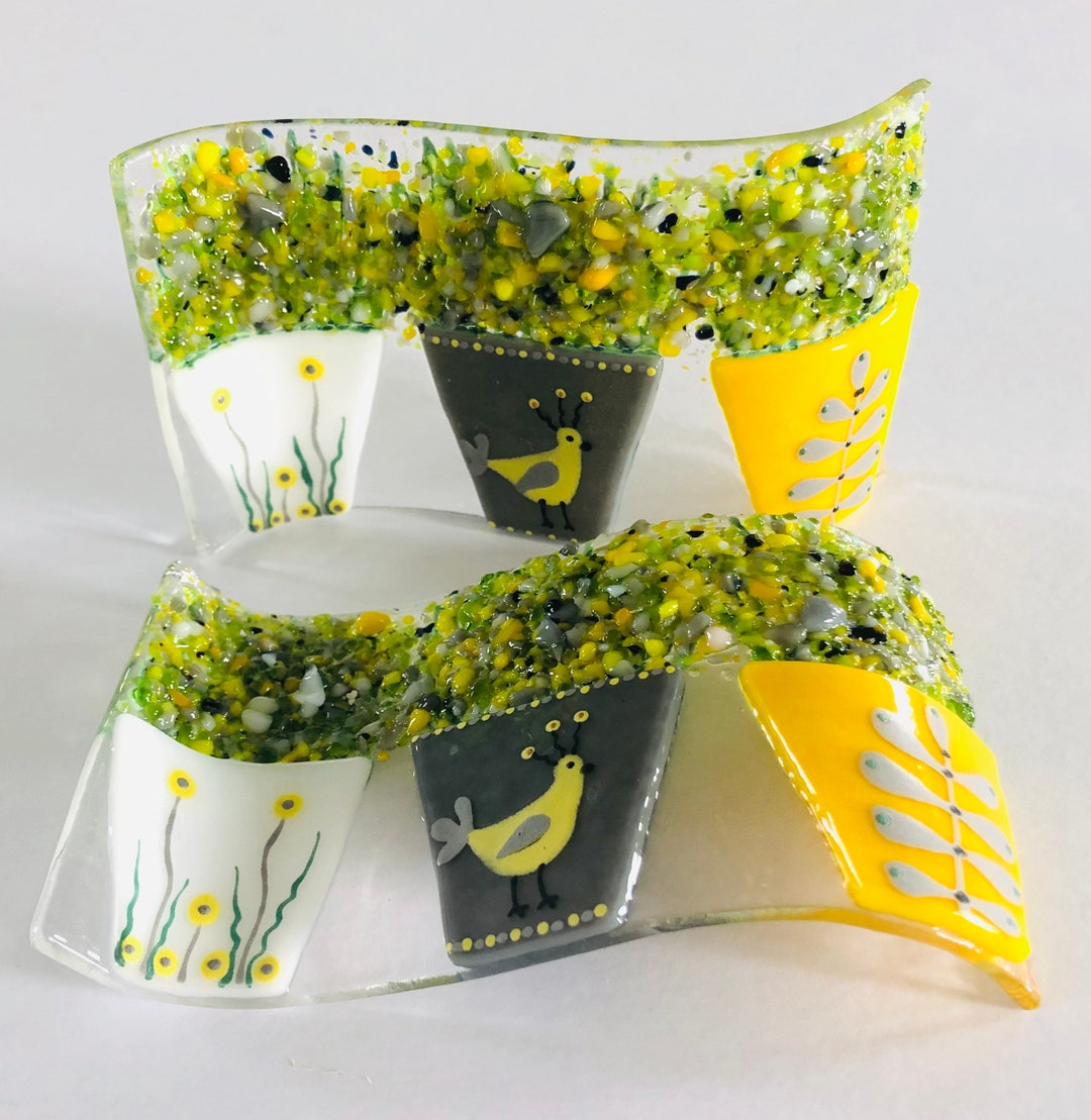 Fused Glass Yellow and Grey Retro Art Wave, Cornish Fused Glass, Fused ...