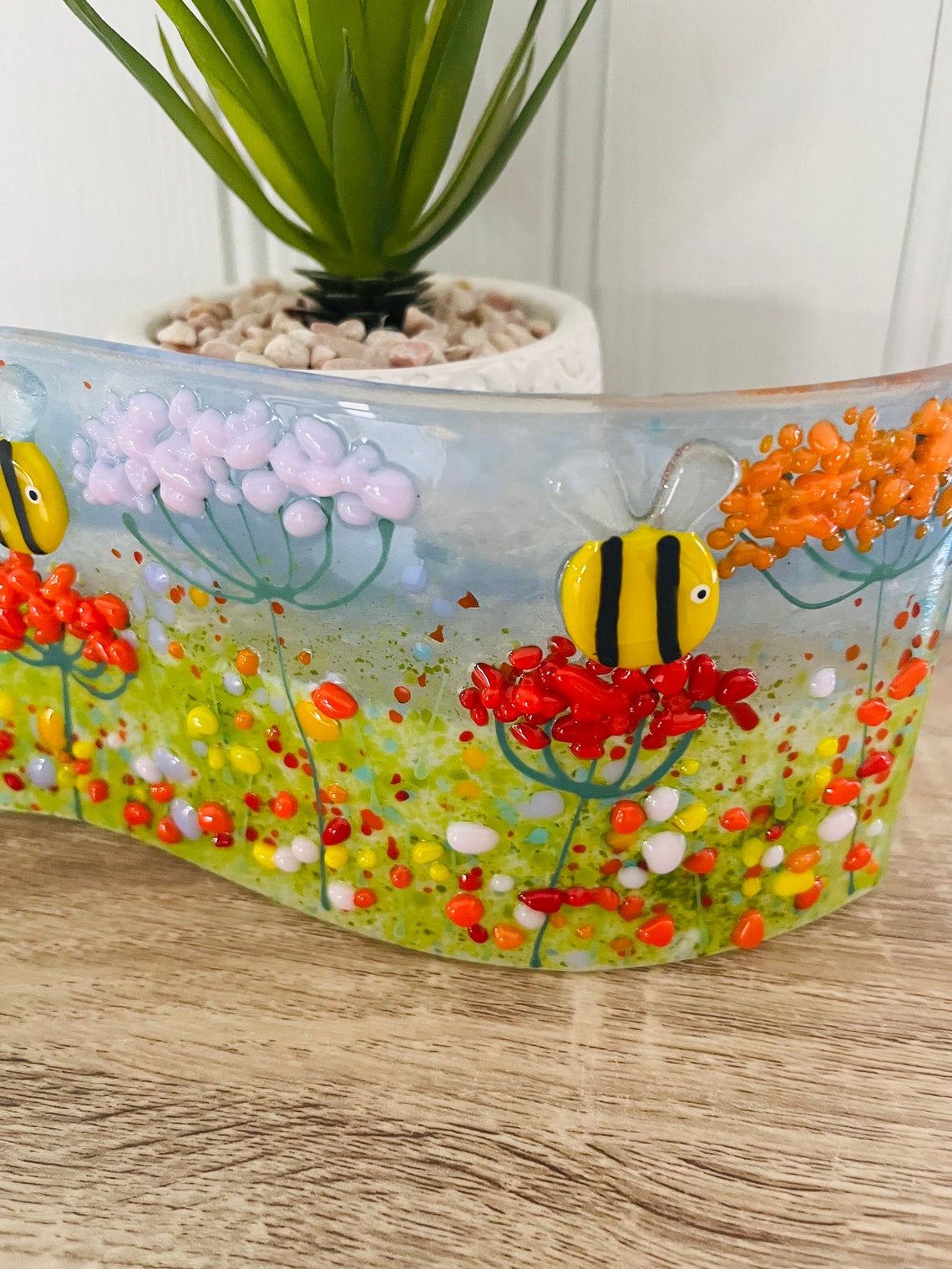 Fused Glass Flowers and Bees Art Freestanding Wave - Fused Glass ...