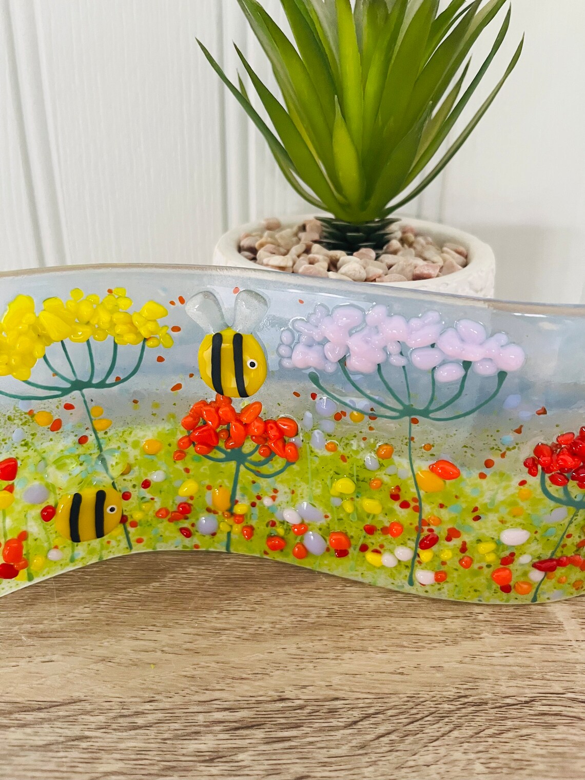 Fused Glass Flowers and Bees Art Freestanding Wave - Fused Glass ...