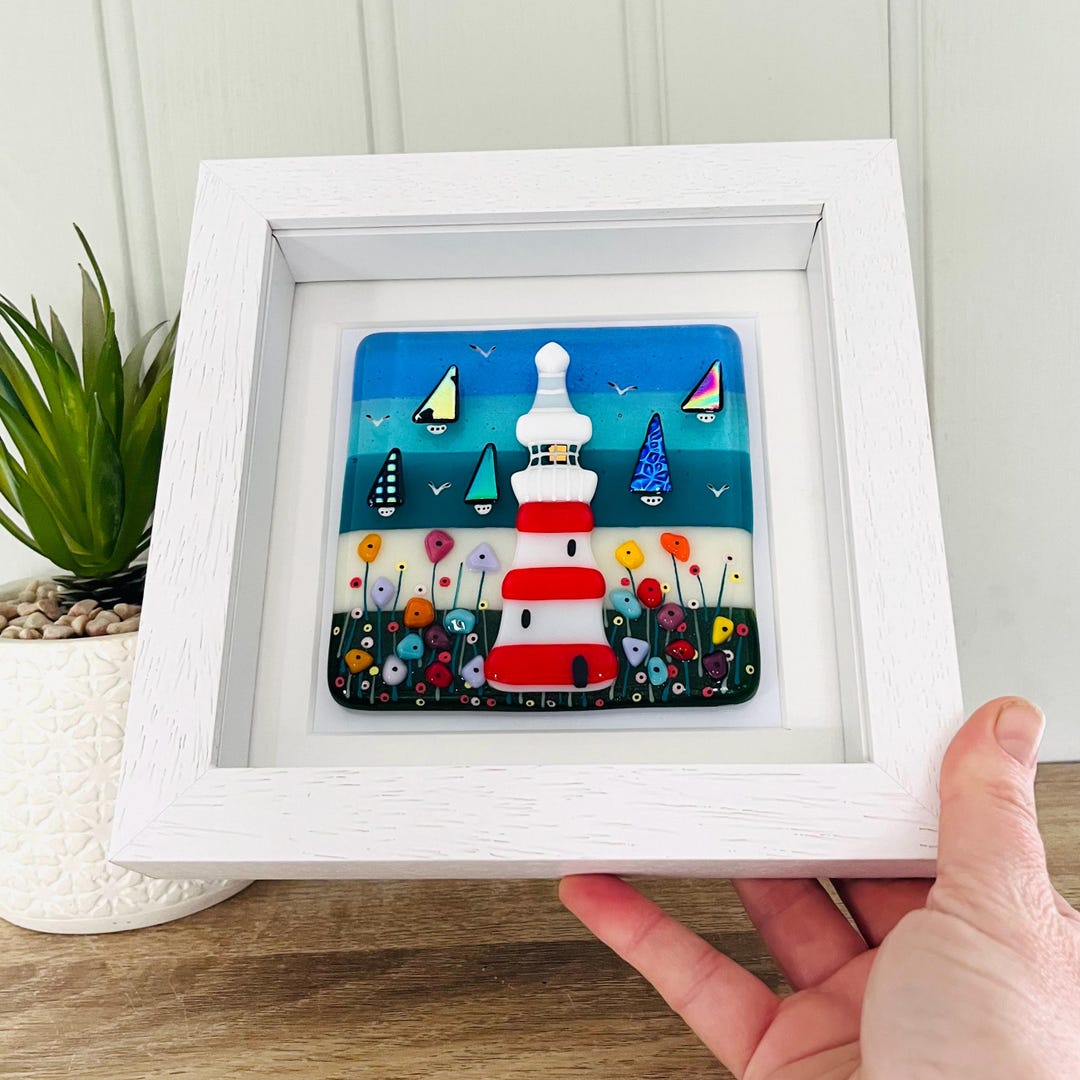 Fun and Vibrant Lighthouse and Flowers Fused Glass Art, Cornish Fused ...