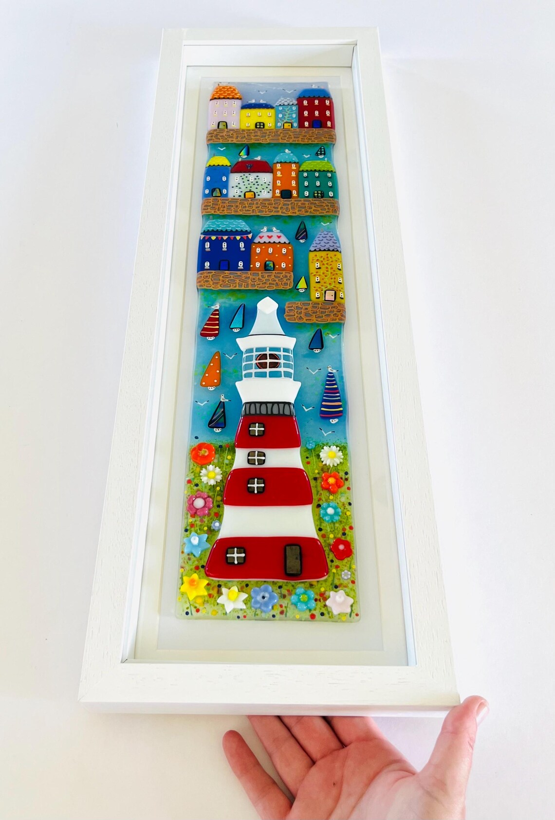 Fused Glass Devon Inspired Coastal Town With Lighthouse Framed Wall Art ...