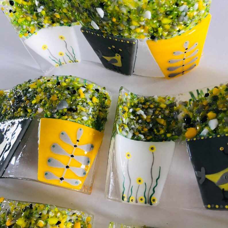 Fused Glass Yellow and Grey Retro Art Wave, Cornish Fused Glass, Fused ...