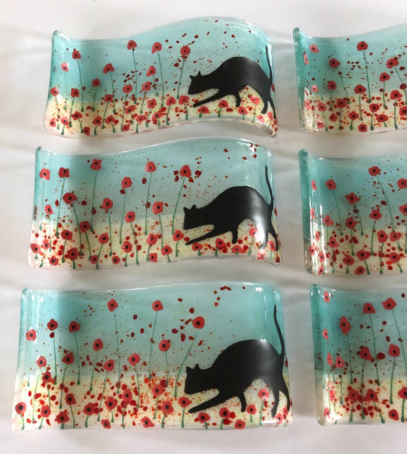 Fused glass art cat memorial gift fused glass wave floral | Etsy