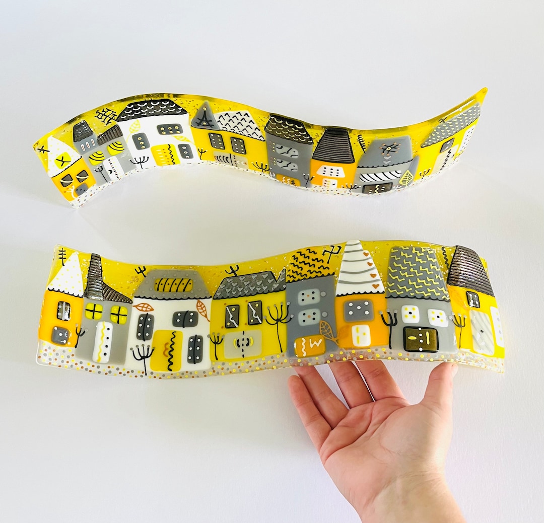 Fused Glass Yellow & Grey Retro Houses Fused Glass Wave, Cornish Fused ...