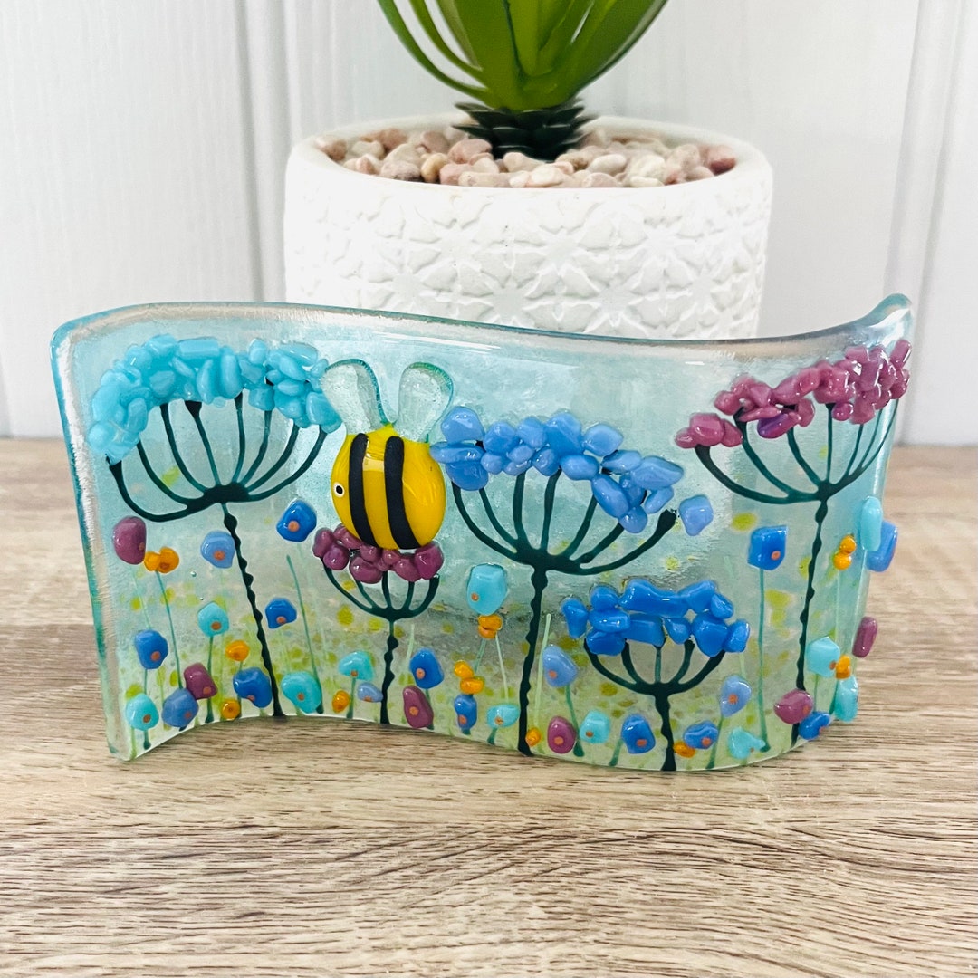 Fused Glass Flowers and Bees Art Freestanding Wave Fused Glass, Cornish ...