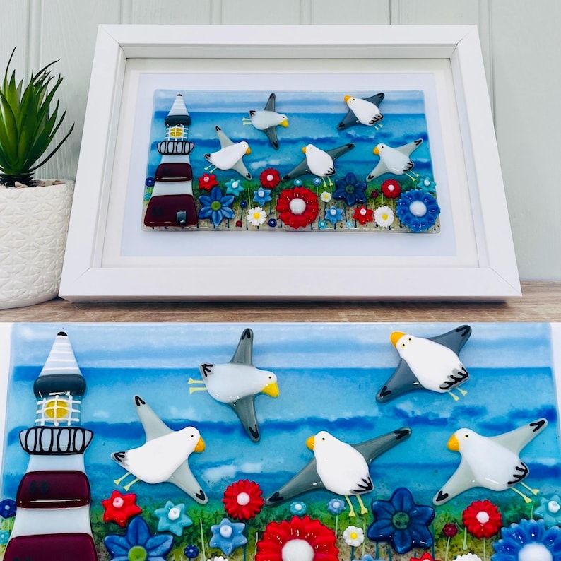Fun and Colourful Fused Glass Lighthouse and Seagull Art - Cornish ...