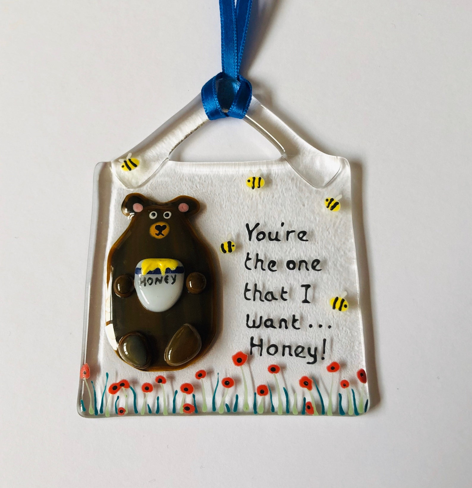 Fused Glass Art - Fused Glass Bear and Bees Hanger - Fused Glass ...