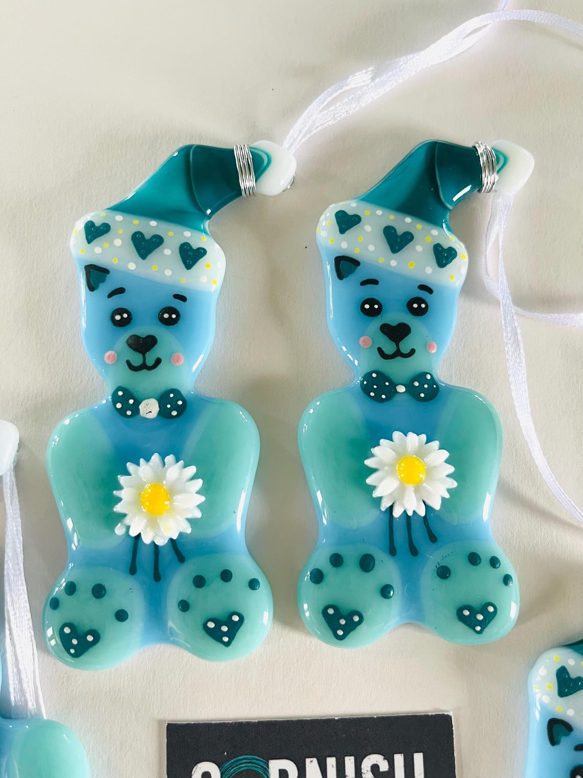 Cute Blue Teddy Bear Fused Glass Decoration, Christmas Decoration ...