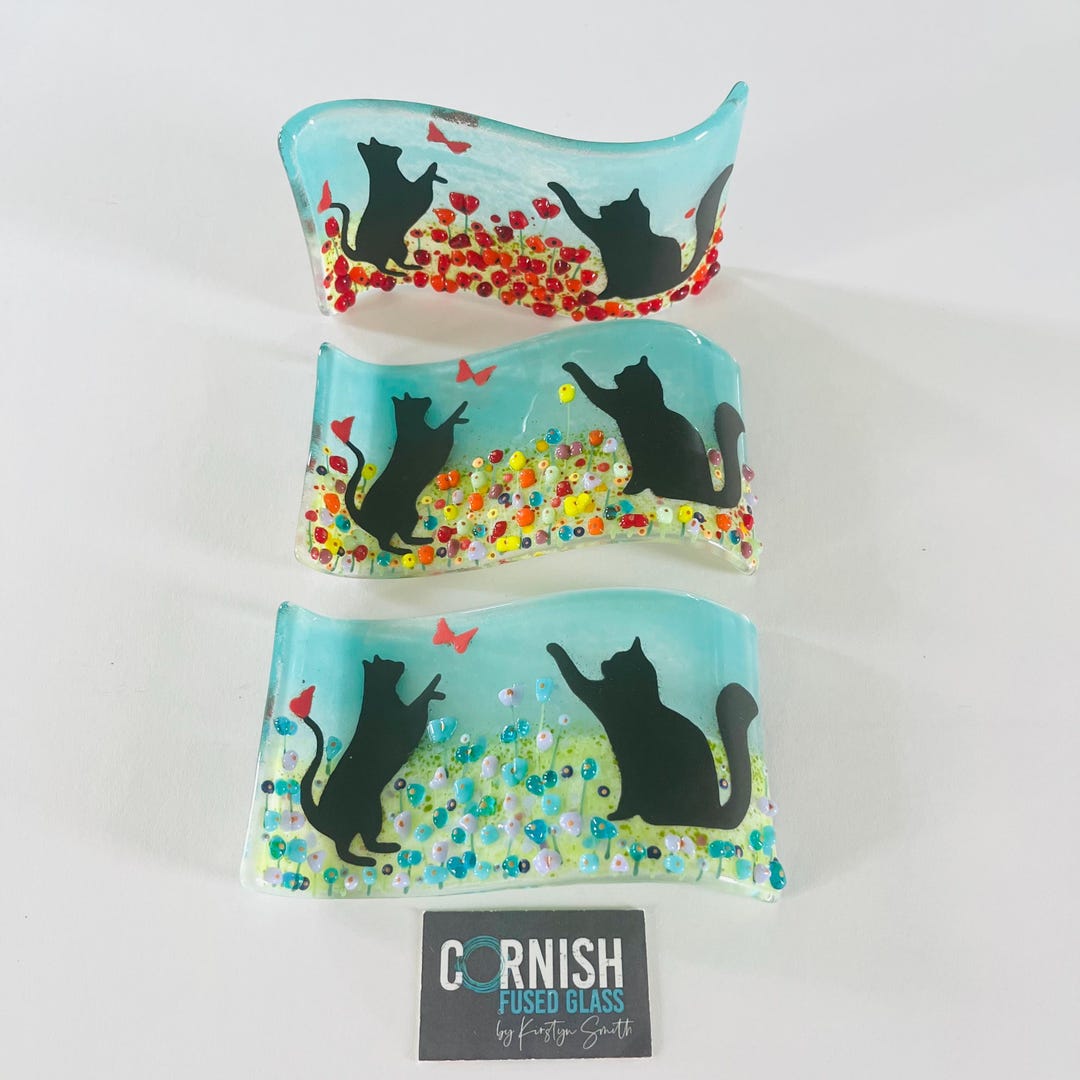 Beautiful Fused Glass Cats Butterflies and Flowers Wave, Cat Lovers ...