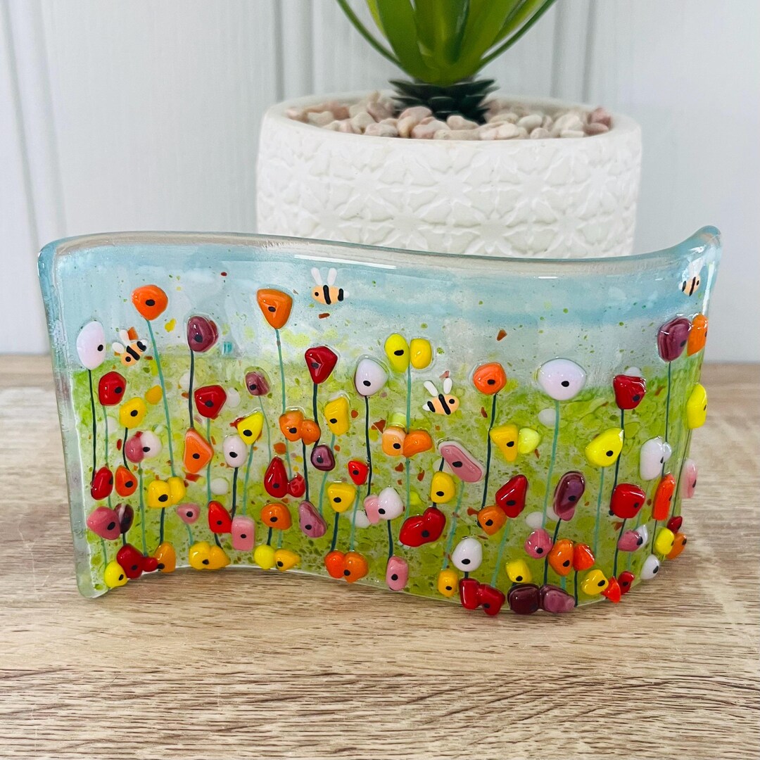 Fused Glass Cute Bees With Rainbow Flowers Art, Freestanding Wave ...