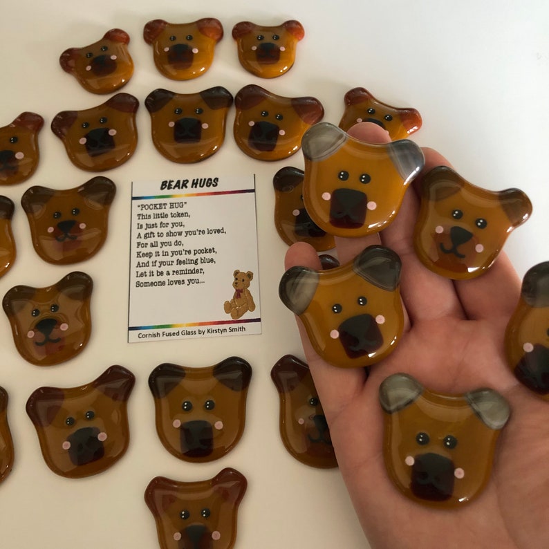 Fused Glass Bear Hugs Pocket Token - Fused Glass Flower Hangers ...