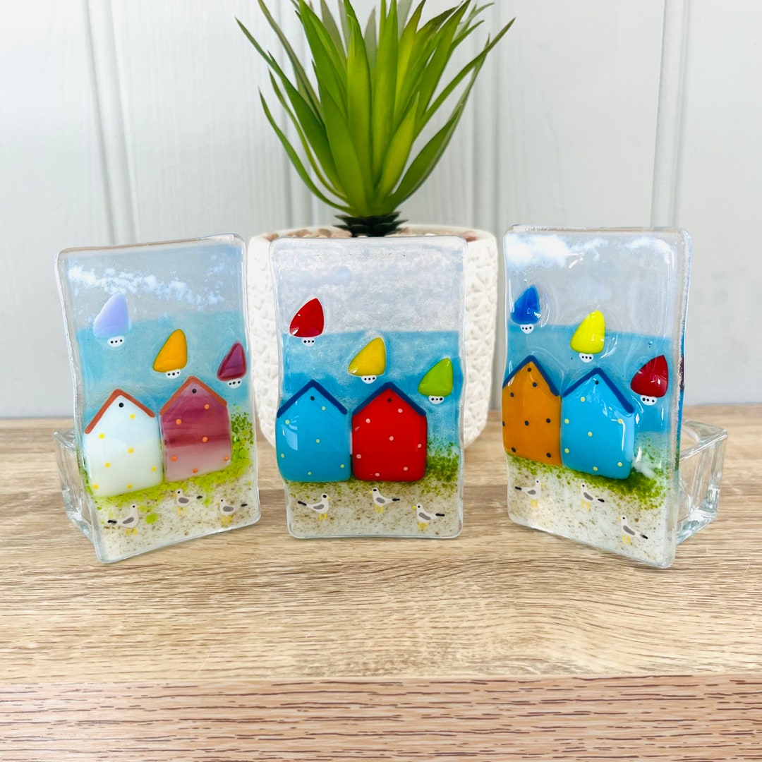 Fused Glass Cornish Beach-hut Fun Candle Holders, Cornish Fused Glass ...