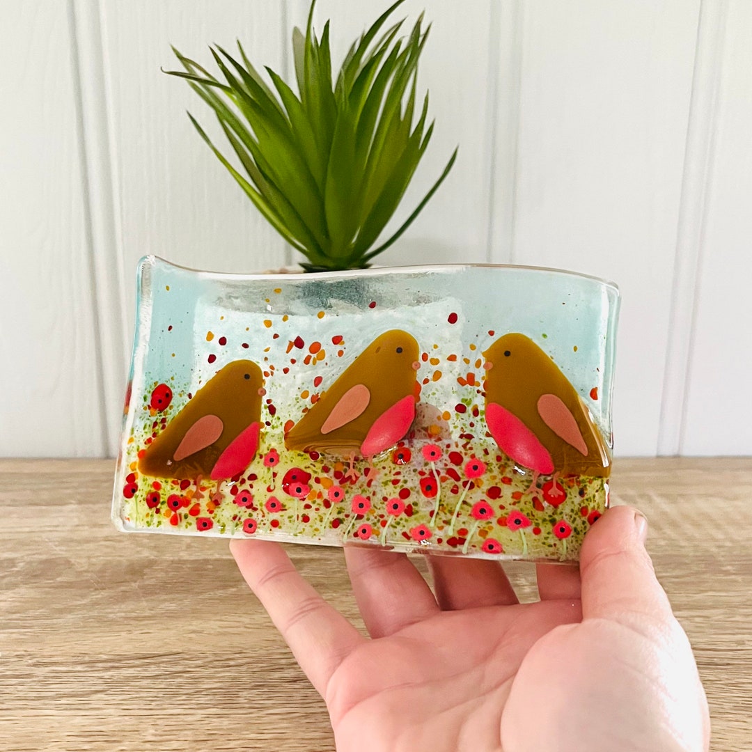 Fused Glass Cute Robin Freestanding Wave- Fused Glass Christmas ...