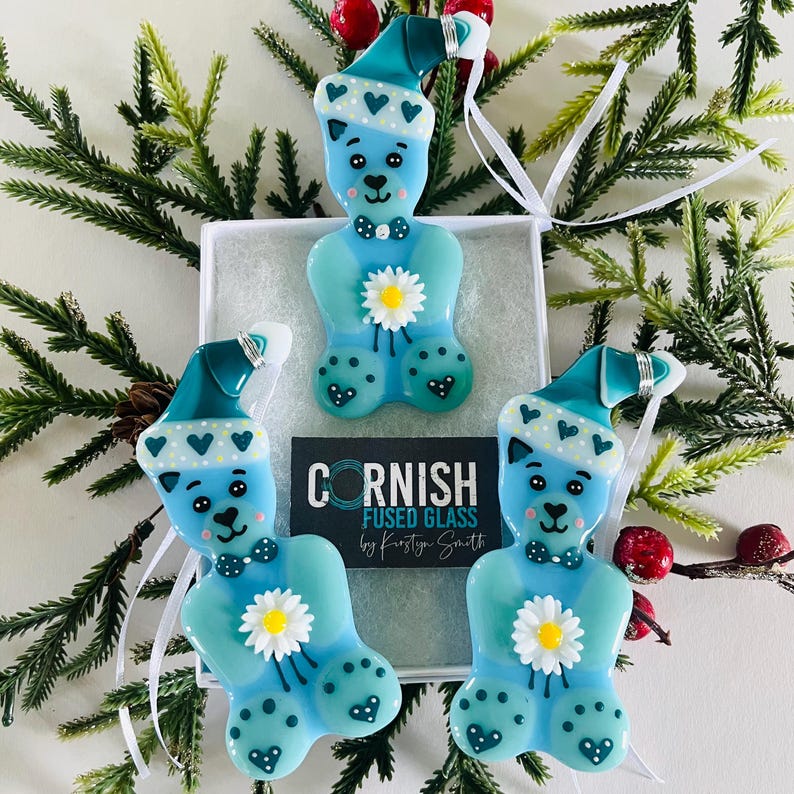 Cute Blue Teddy Bear Fused Glass Decoration, Christmas Decoration ...